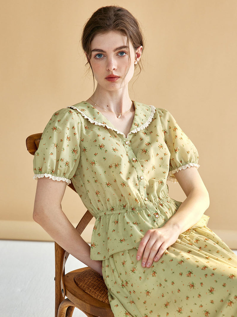 【final Sale】jianna Ditsy Floral Print Guipure Lace Trim Puff Sleeve Pe