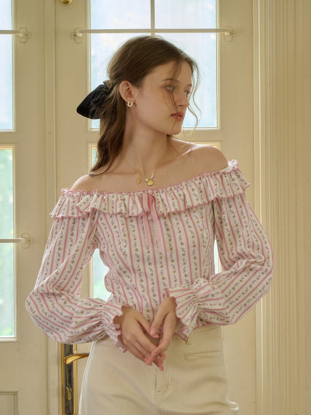 【Final Sale】Emmeline Retro V-Neck Trim Contrasting Blouse