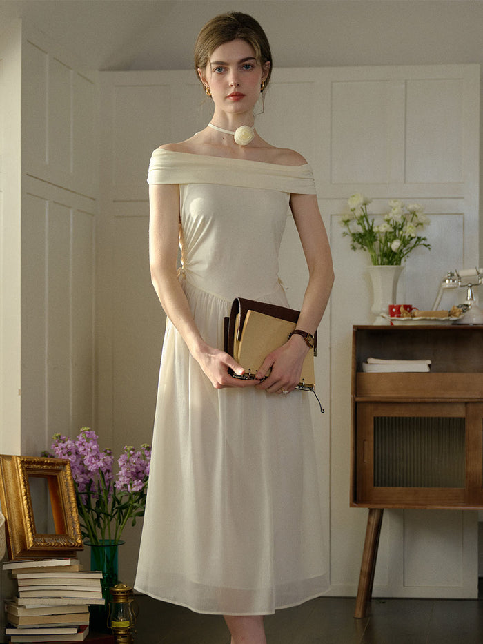 Madeleine Solid Color One Shoulder Casual Dress (No Rose Choker)