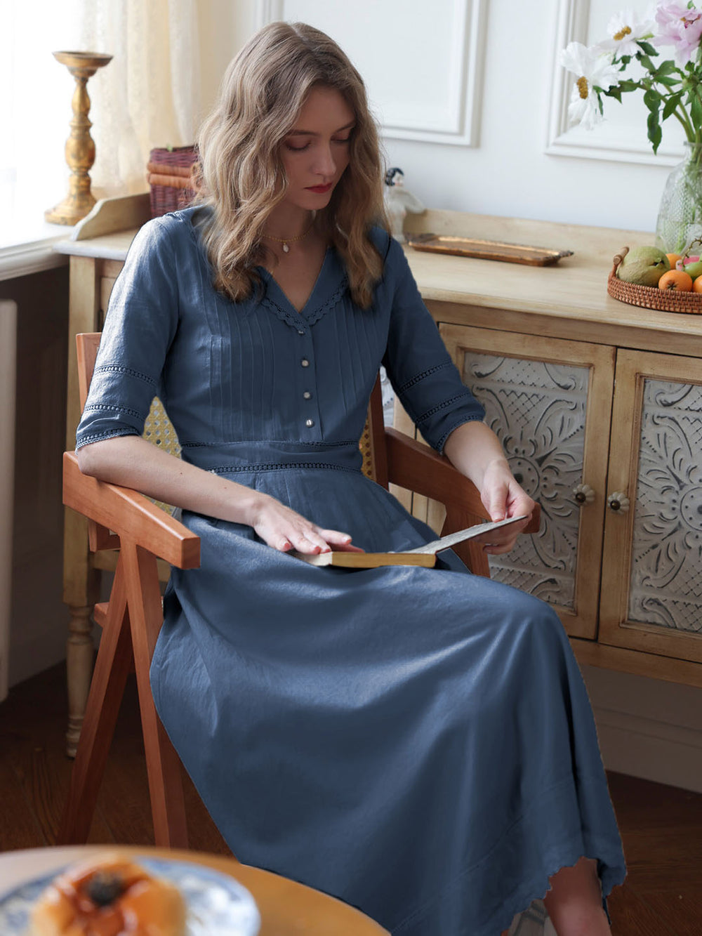 Fiona 100% Cotton Demin Blue Midi Dress