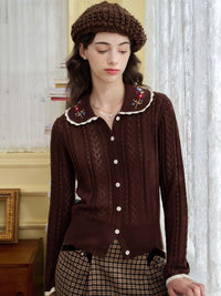 【Final Sale】Shay Peter Pan Collar Embroidered Contrast Cutout Cardigan