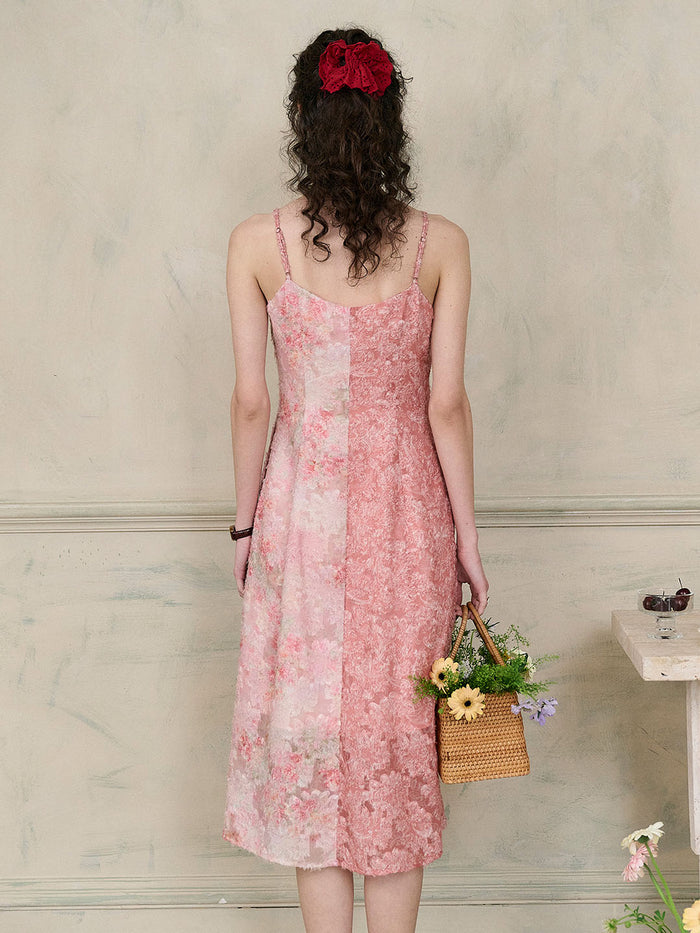 【Final Sale】Blaire Floral Contrast Patchwork Bow Square Neck Slip Dres