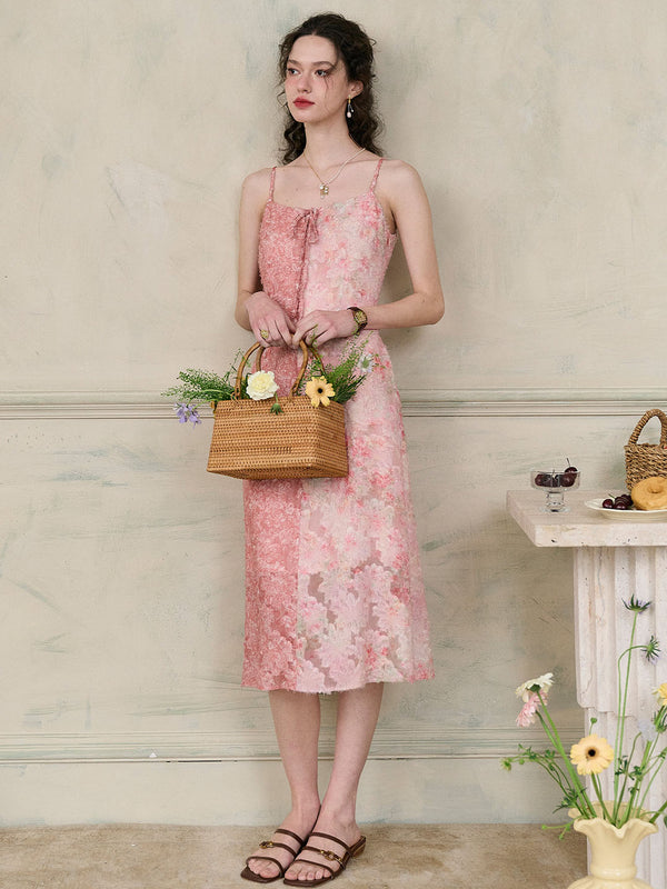 【Final Sale】Blaire Floral Contrast Patchwork Bow Square Neck Slip Dres