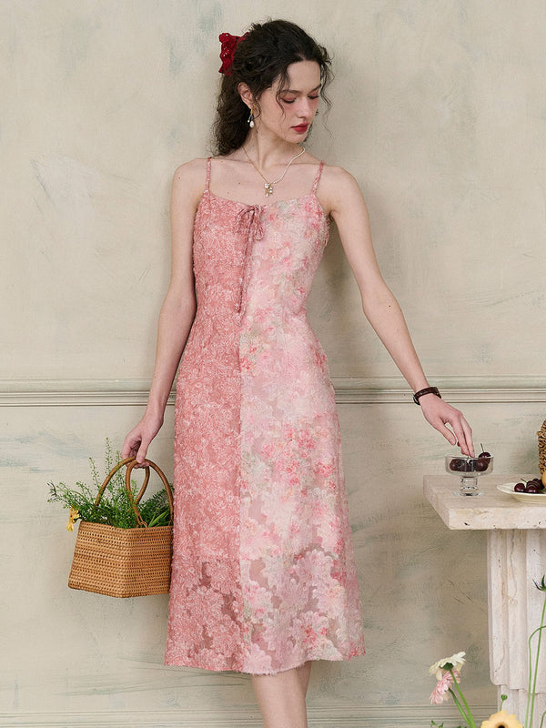 【Final Sale】Blaire Floral Contrast Patchwork Bow Square Neck Slip Dres