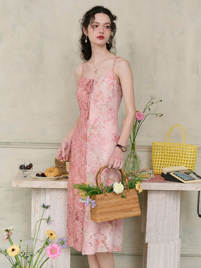 【Final Sale】Blaire Floral Contrast Patchwork Bow Square Neck Slip Dres