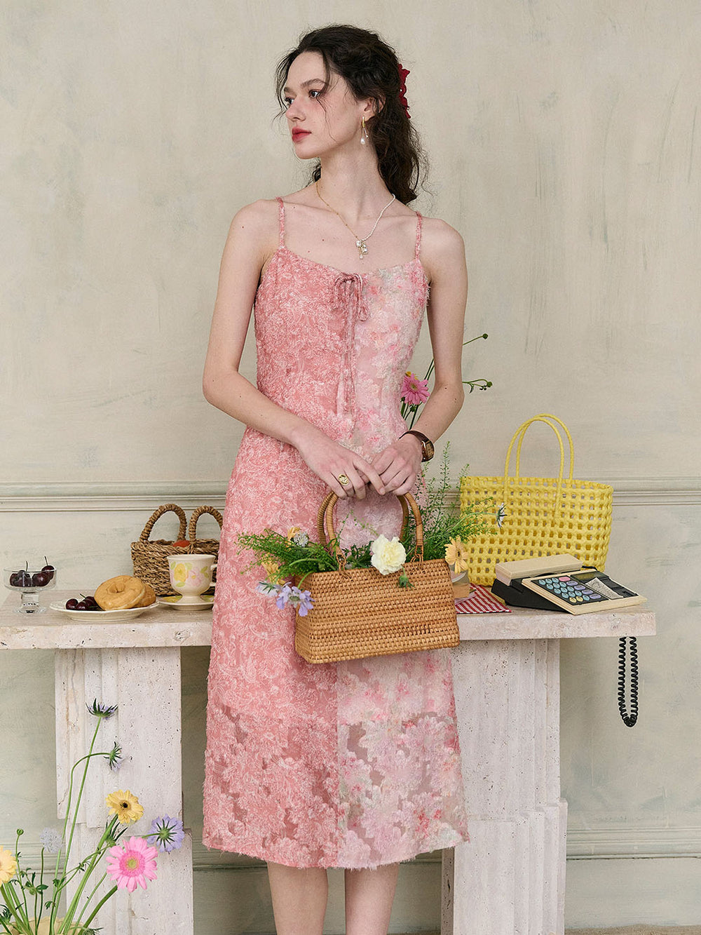 【Final Sale】Blaire Floral Contrast Patchwork Bow Square Neck Slip Dres