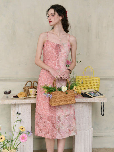 【Final Sale】Blaire Floral Contrast Patchwork Bow Square Neck Slip Dres