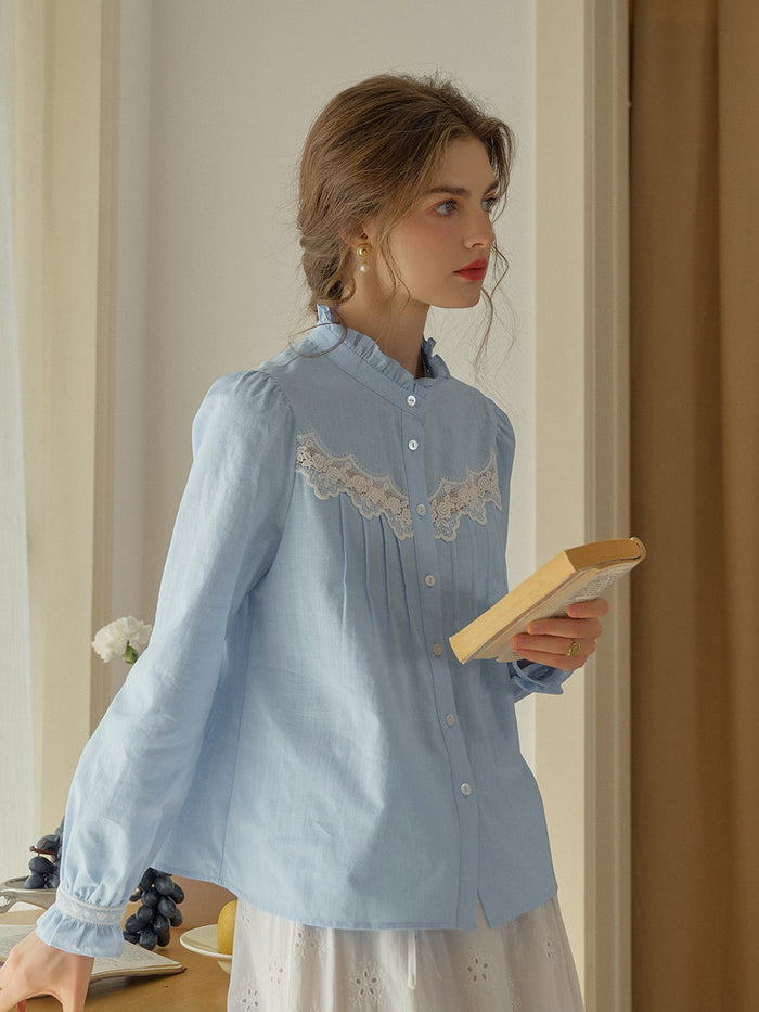 【Final Sale】Kitty Wavy Stand Collar Lace Blouse - Blue