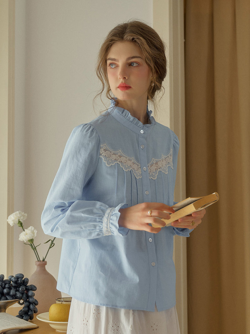 【Final Sale】Kitty Wavy Stand Collar Lace Blouse - Blue