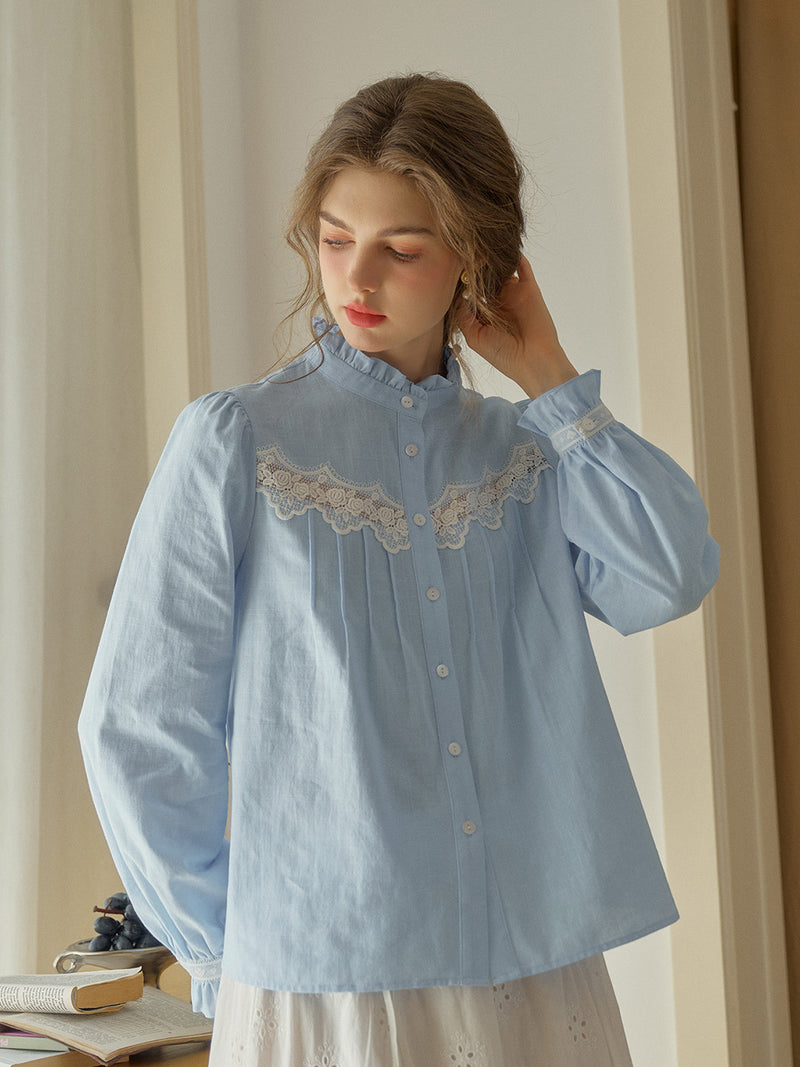 【Final Sale】Kitty Wavy Stand Collar Lace Blouse - Blue
