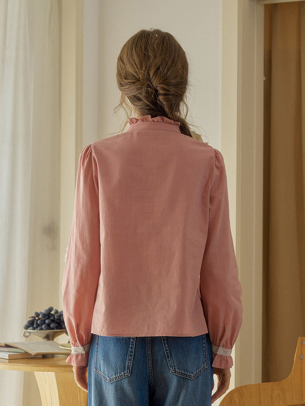 Kitty Wavy Stand Collar Lace Blouse - Pink