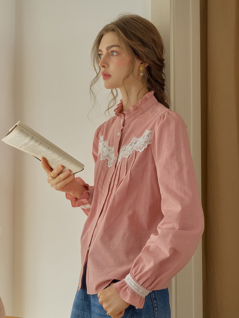 【Final Sale】Kitty Wavy Stand Collar Lace Blouse - Pink