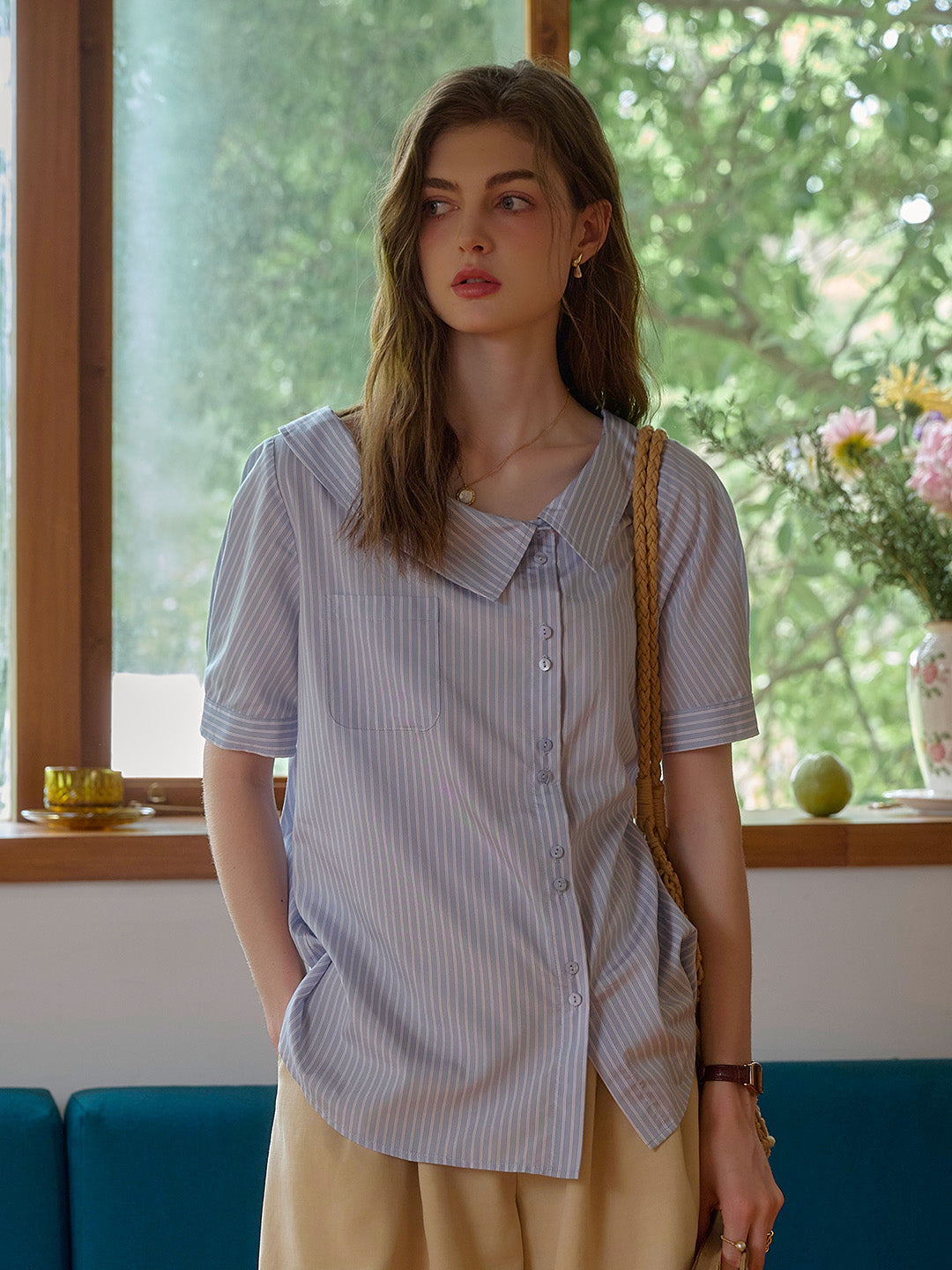 Rose Slanted Placket Stripe Lyocell Blouse