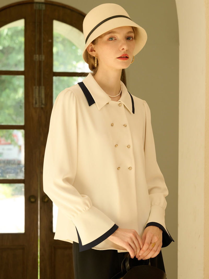 Rebekah Vintage Double Breasted Colorblock Collar Blouse