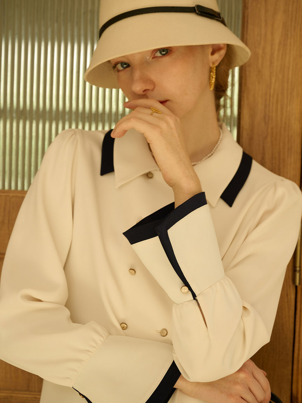 Rebekah Vintage Double Breasted Colorblock Collar Blouse