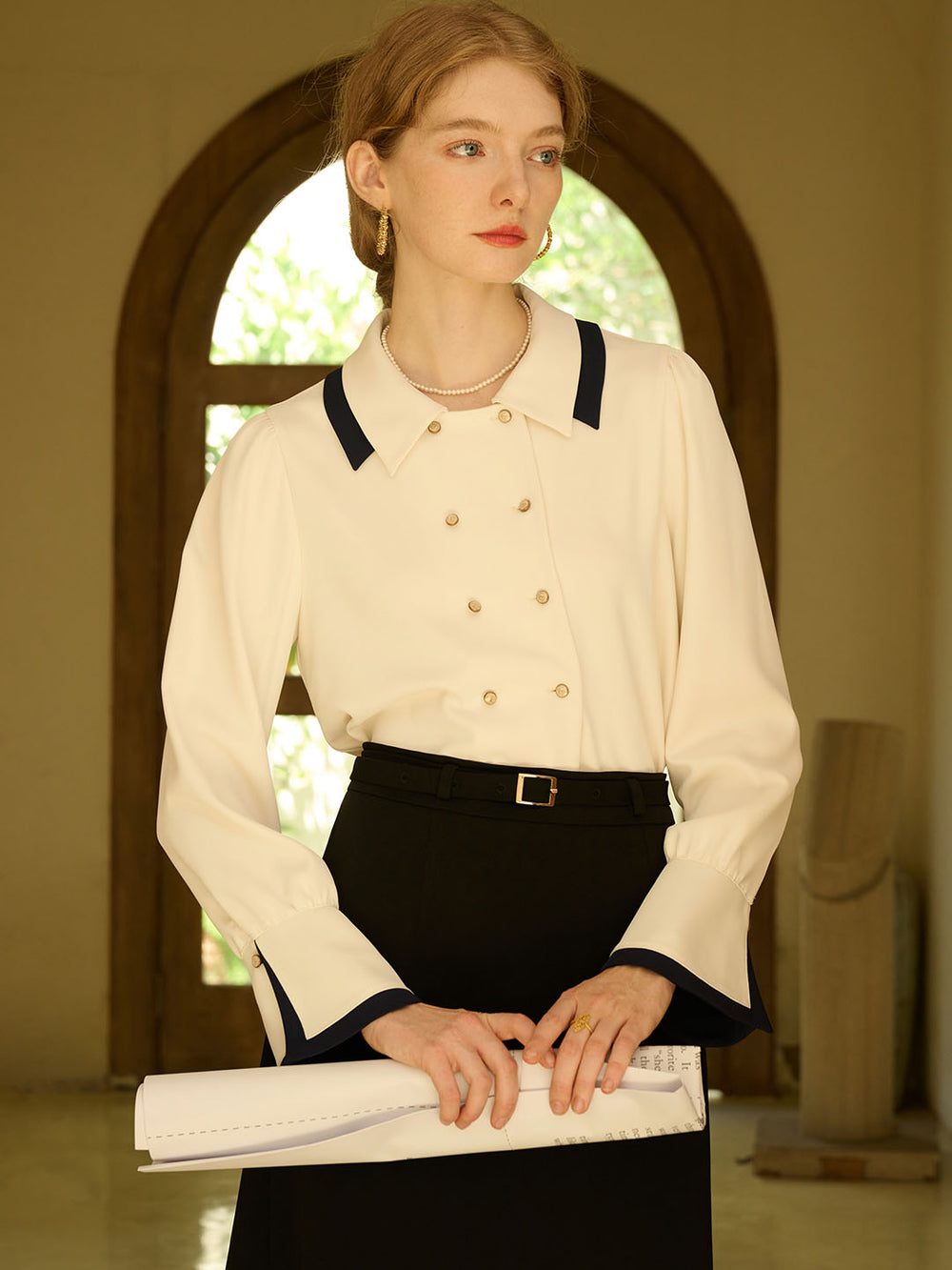 Rebekah Vintage Double Breasted Colorblock Collar Blouse