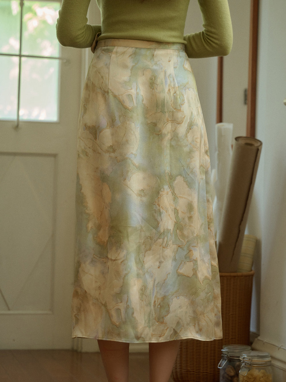 【Final Sale】Isabela Vintage Oil Painting Print Waist Tie Slit Satin Sk
