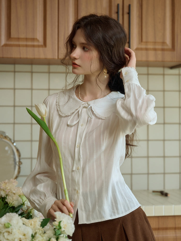 Addilyn Romantic Doll Collar Lace Stitching Tie Eedwardian Style Blous