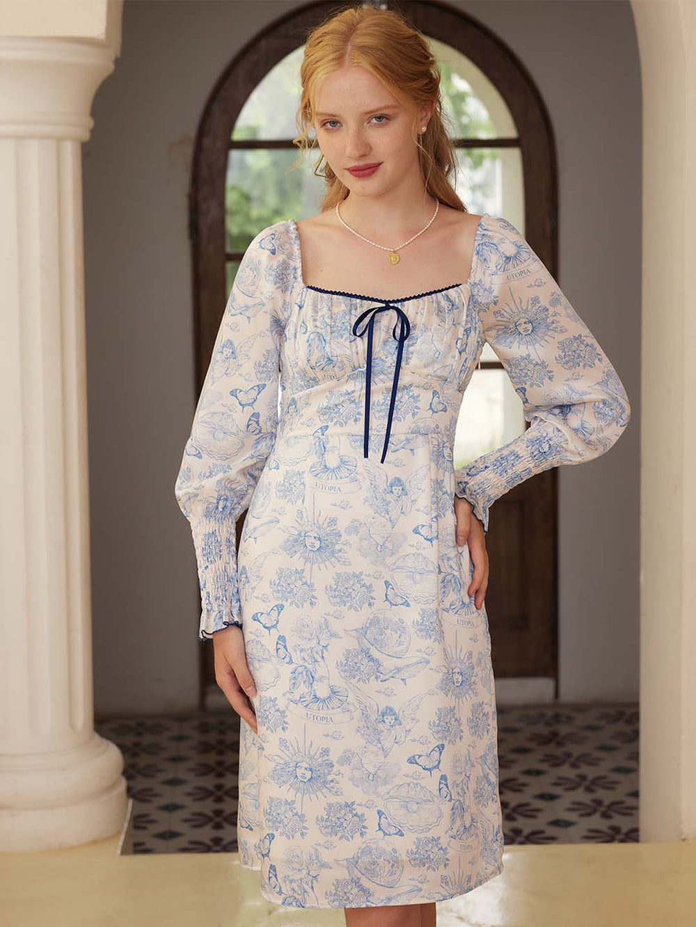 【Final Sale】Mila Elegant Square Neck Contrast Print Dress