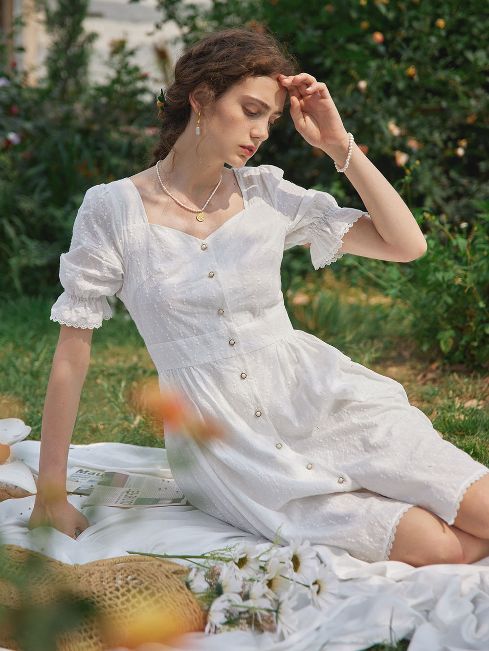Vic Embroidery White Midi Victorian Dress