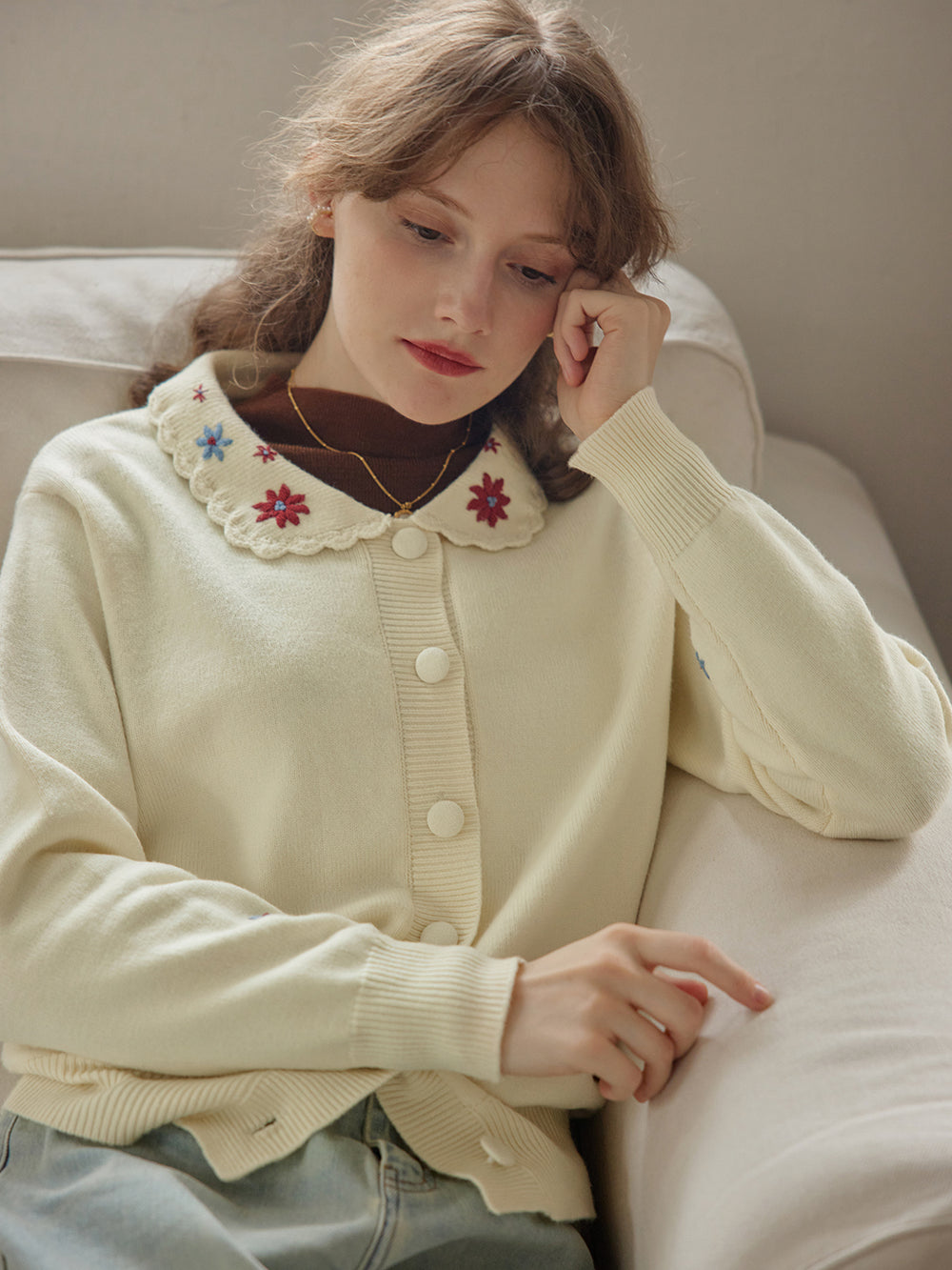 【Final Sale】Grace Floral Embroidered Apricot Knit Cardigan