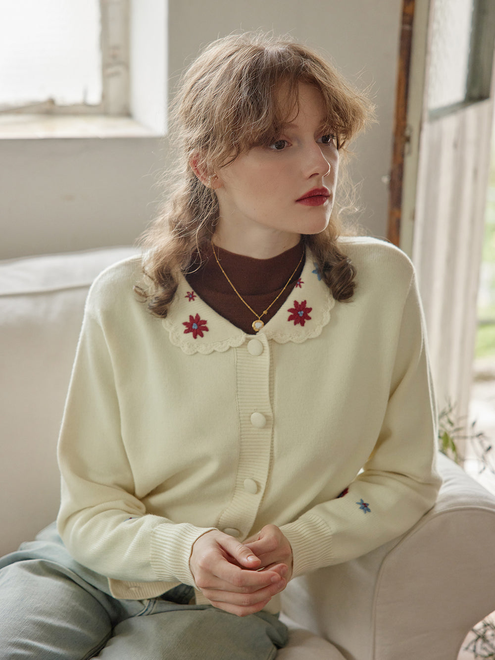 【Final Sale】Grace Floral Embroidered Apricot Knit Cardigan